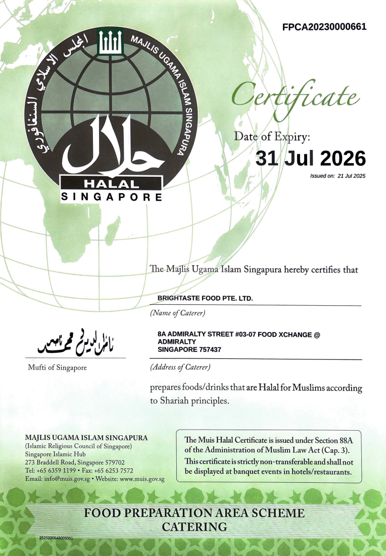 Brightaste Food Pte Ltd - Classic Asian Buffet Package 7+1 Courses @ $11+